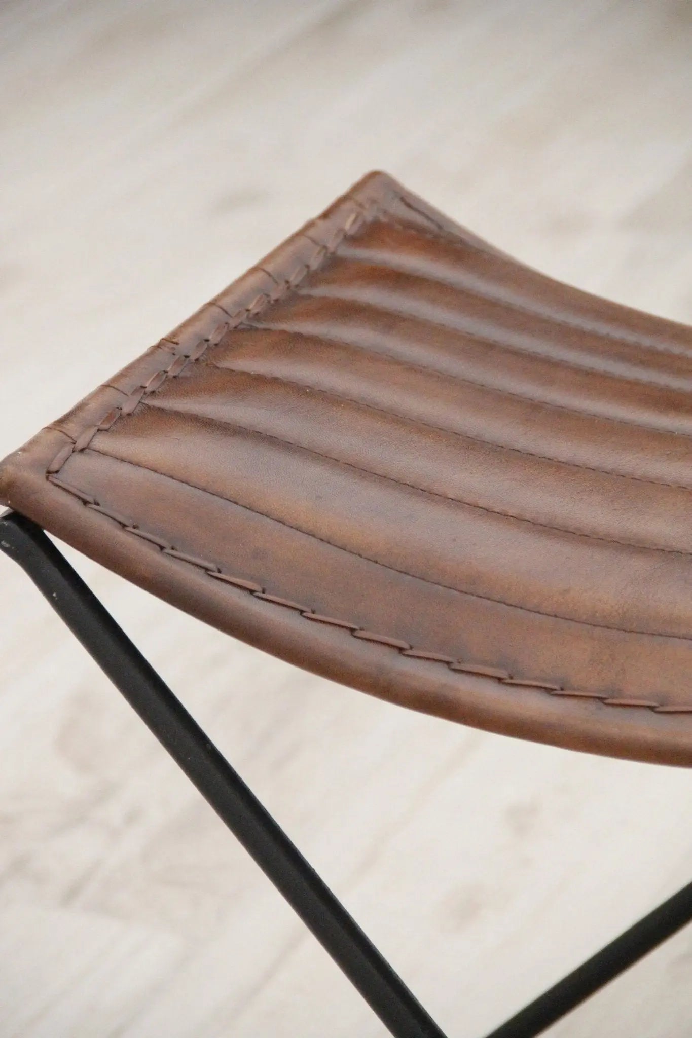 Leather Folding Stool Brown With Black Iron 2 Piece Bench Debra Hall Lifestyle